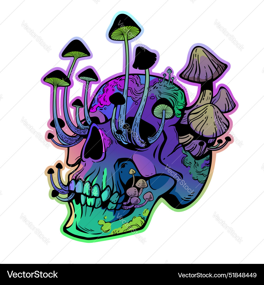 Cartoon human skull overgrown with mushrooms Vector Image