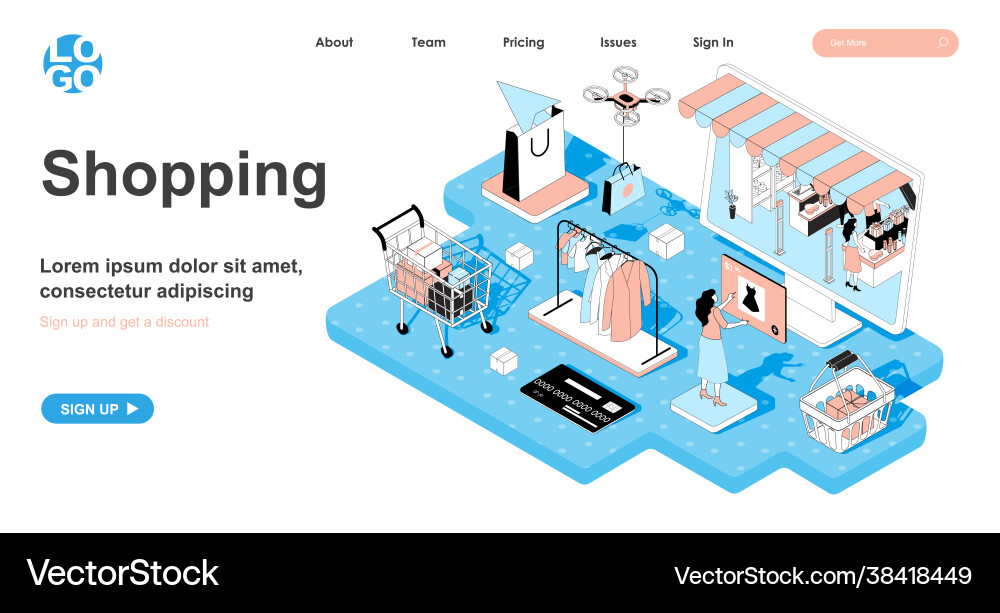 Shopping isometric concept woman buys clothes Vector Image