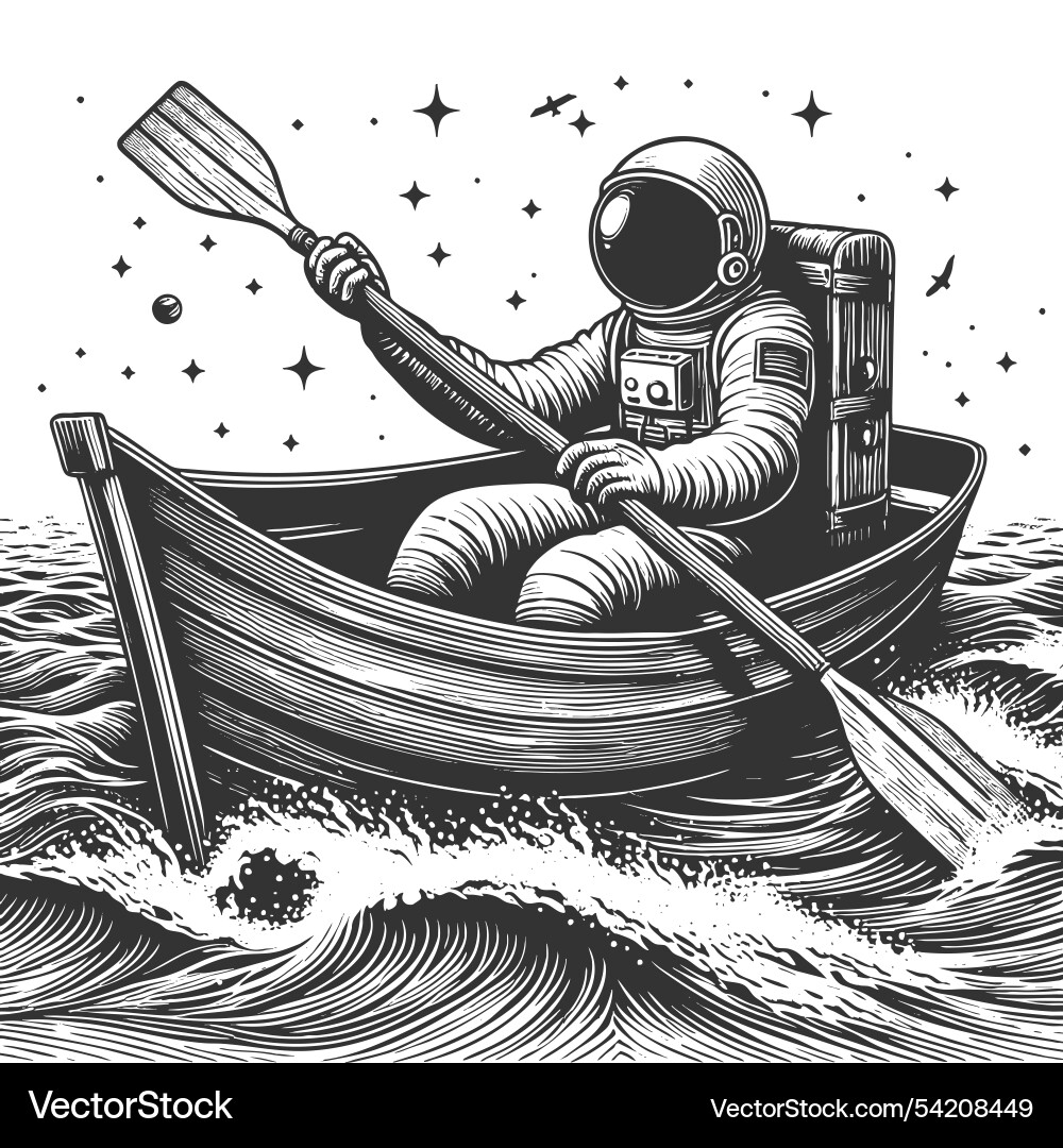 Spaceman boat sketch engraving Royalty Free Vector Image