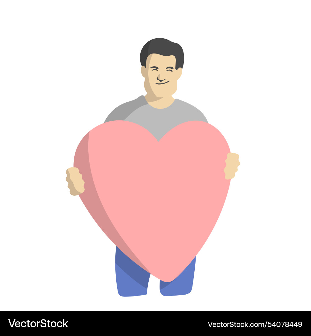 Young man embraces a big red heart Royalty Free Vector Image