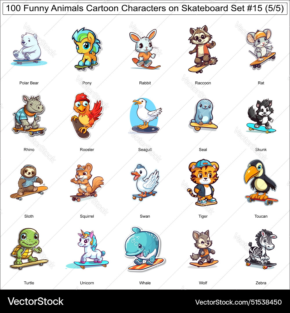 100 funny animals cartoon characters Royalty Free Vector