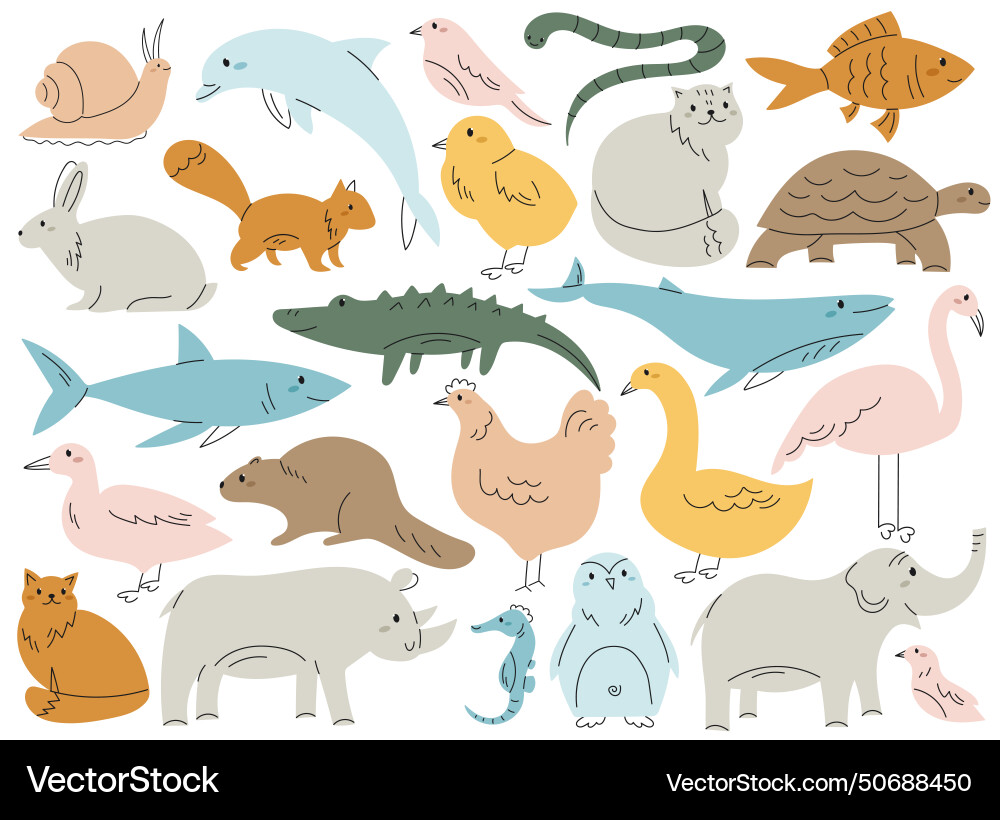 Cute colorful wild forest zoo or farm animals Vector Image