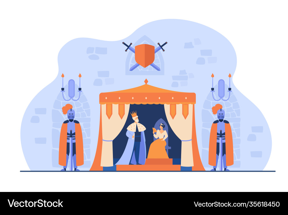 Medieval king and queen on throne under guard Vector Image