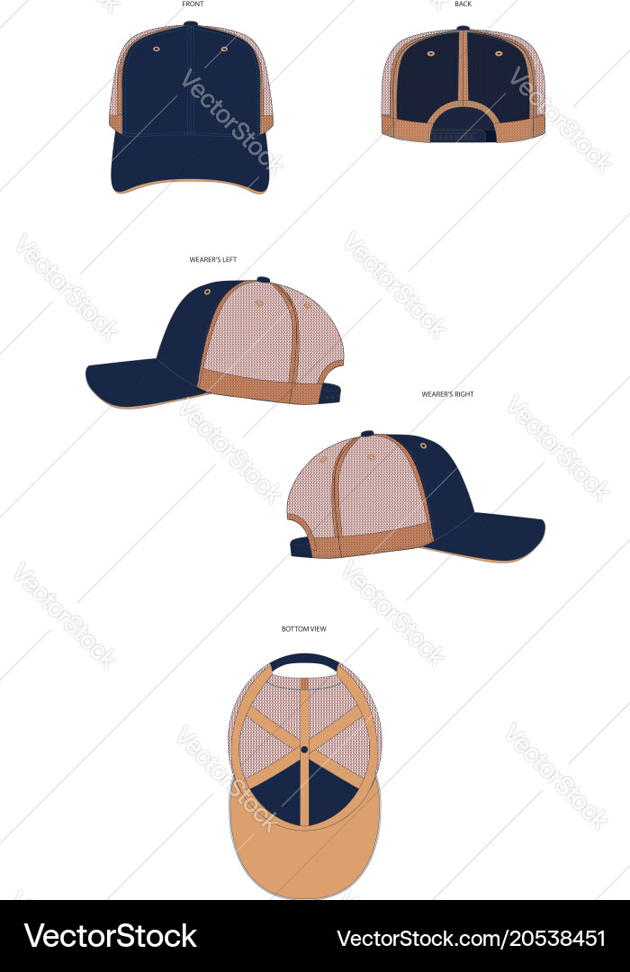 6 panel trucker cap template Royalty Free Vector Image