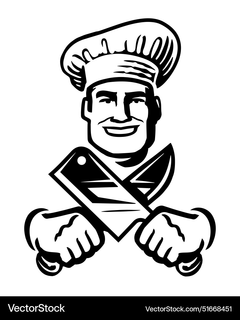Happy chef with kitchen knives emblem or logo Vector Image