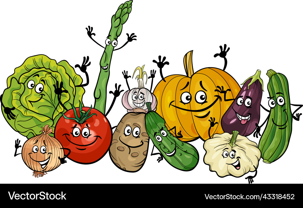 Funny cartoon vegetables comic characters group Vector Image