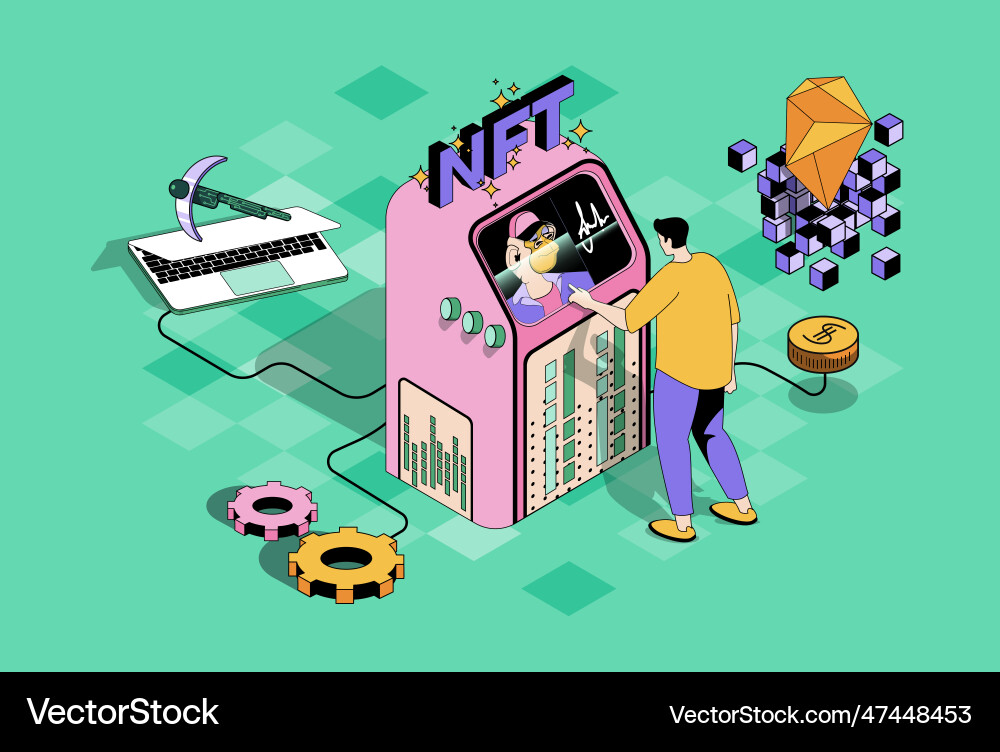 Nft token art concept in 3d isometric design Vector Image