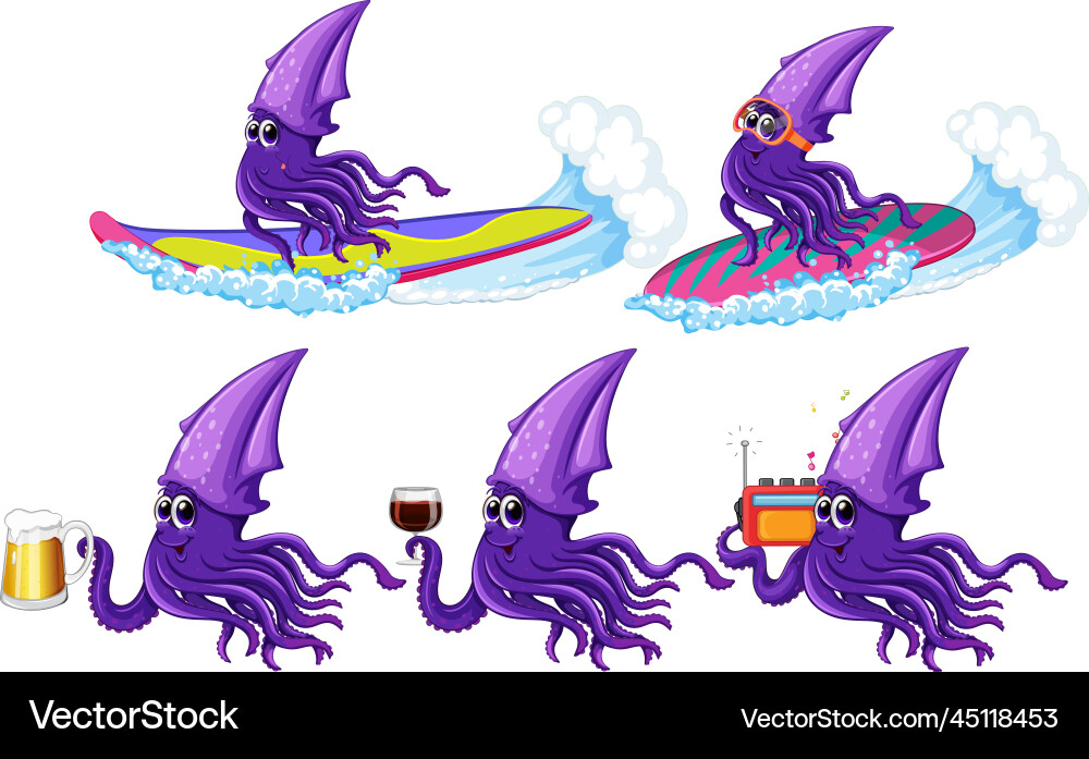 Squid cartoon characters set Royalty Free Vector Image