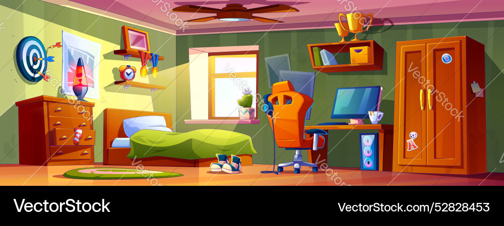 Teenage boy room interior with bed Royalty Free Vector Image