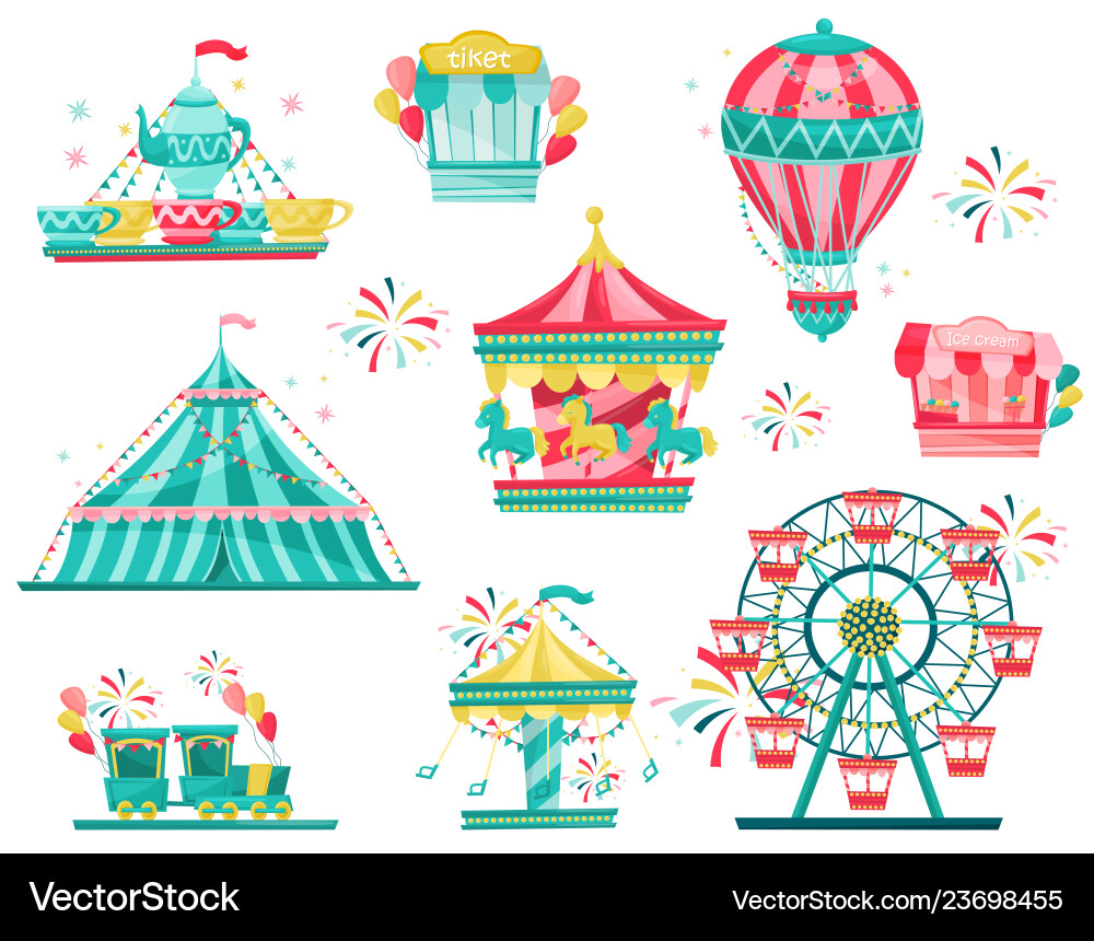 Flat set of amusement park equipment Royalty Free Vector
