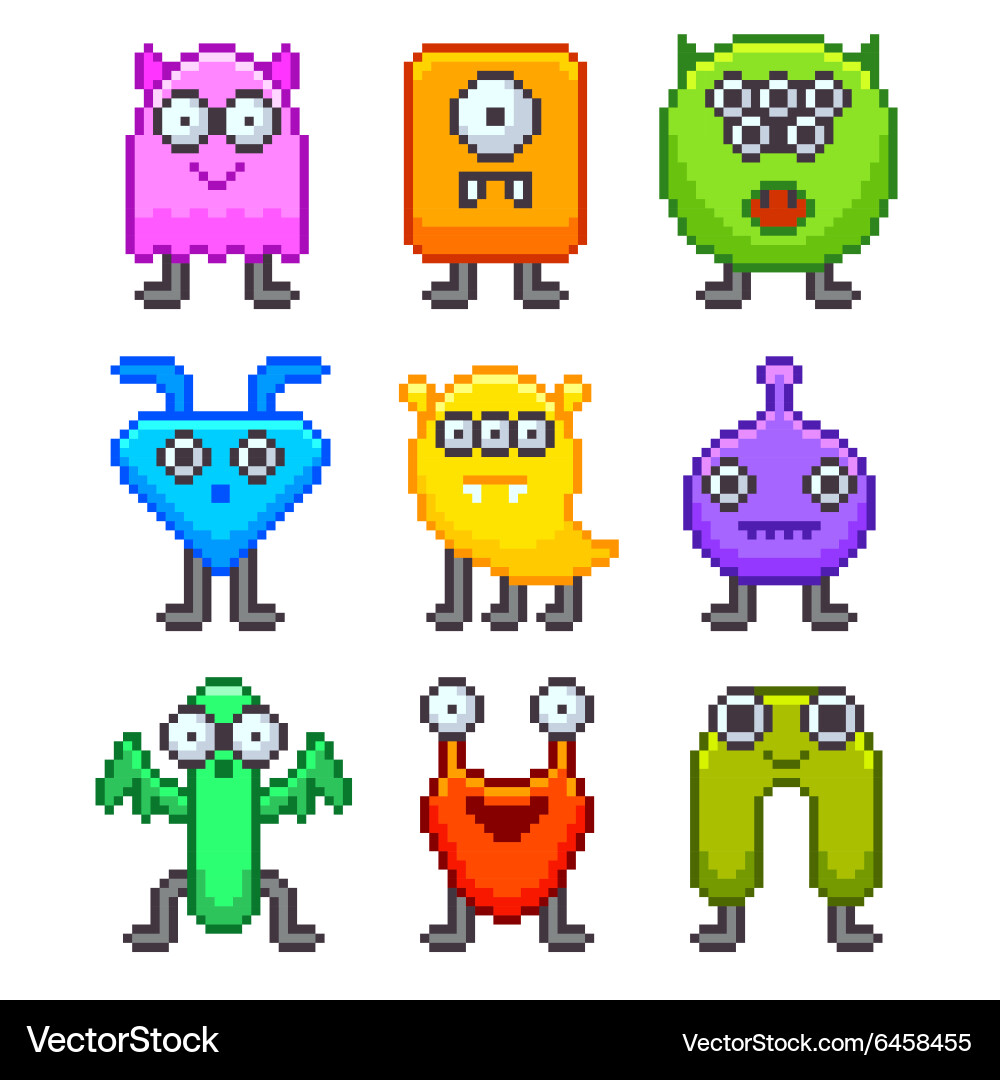 Pixel monsters for games icons set Royalty Free Vector Image