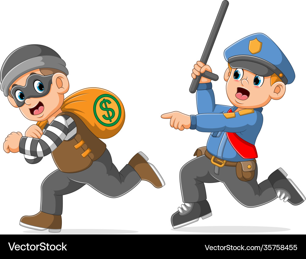 Police Is Pursue Catch Thief Holding Bag Vector Image
