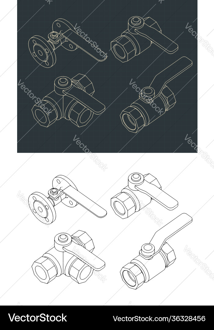 Ball valves isometric drawings set Royalty Free Vector Image