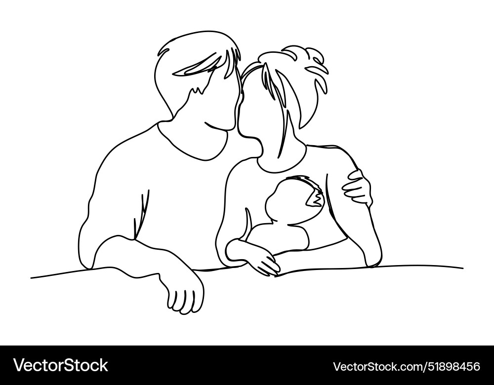 Happy family hugging one line drawing Royalty Free Vector
