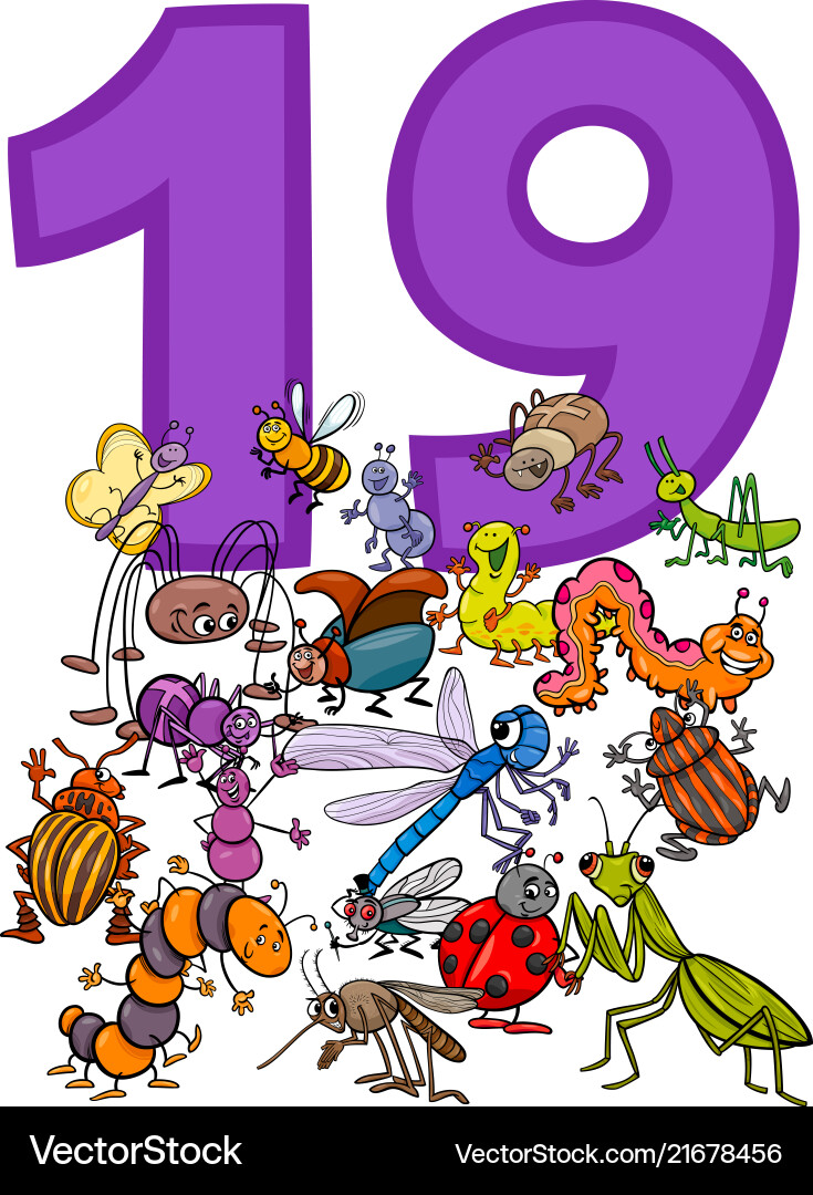Number nineteen and cartoon insects group Vector Image