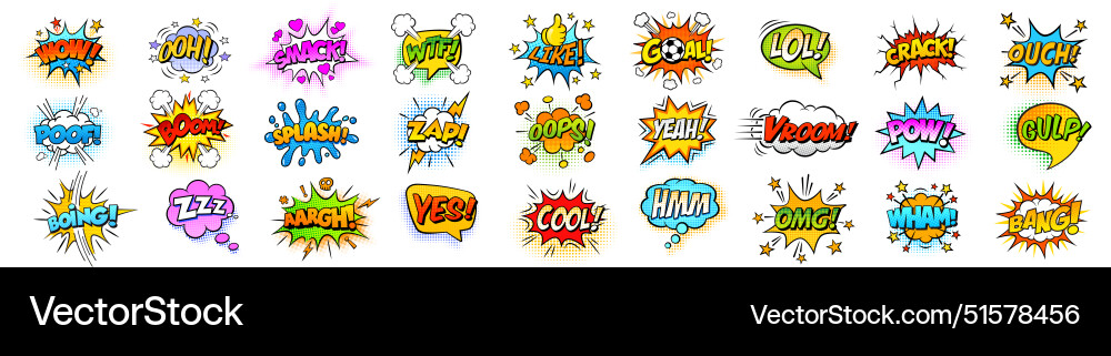 Set comic speech bubbles book sound effects pop Vector Image