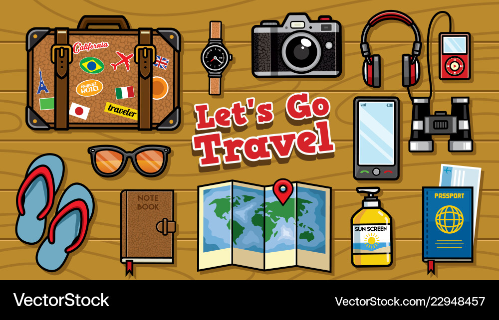 Flat lay traveling objects set Royalty Free Vector Image