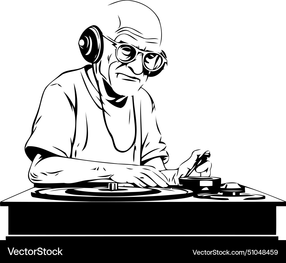 An old man playing turntable with headphones Vector Image