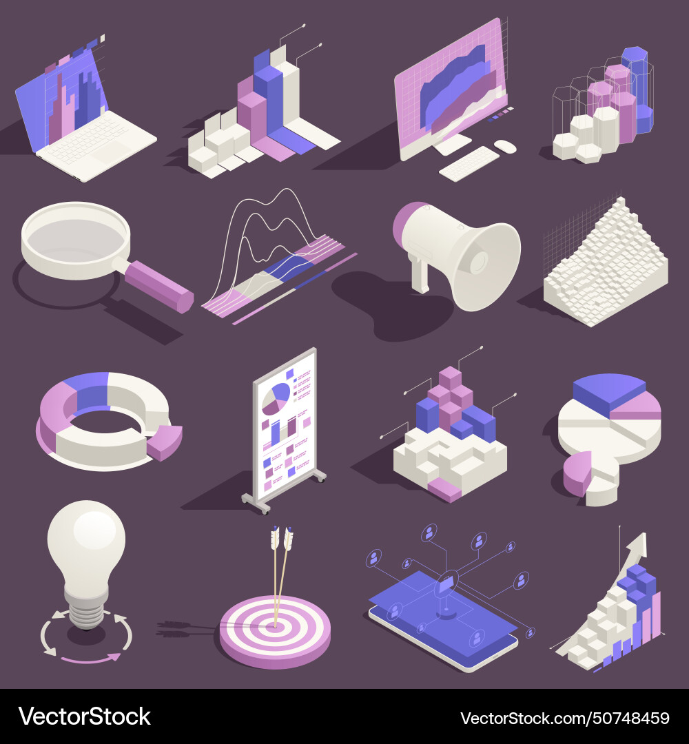 Market research isometric set Royalty Free Vector Image