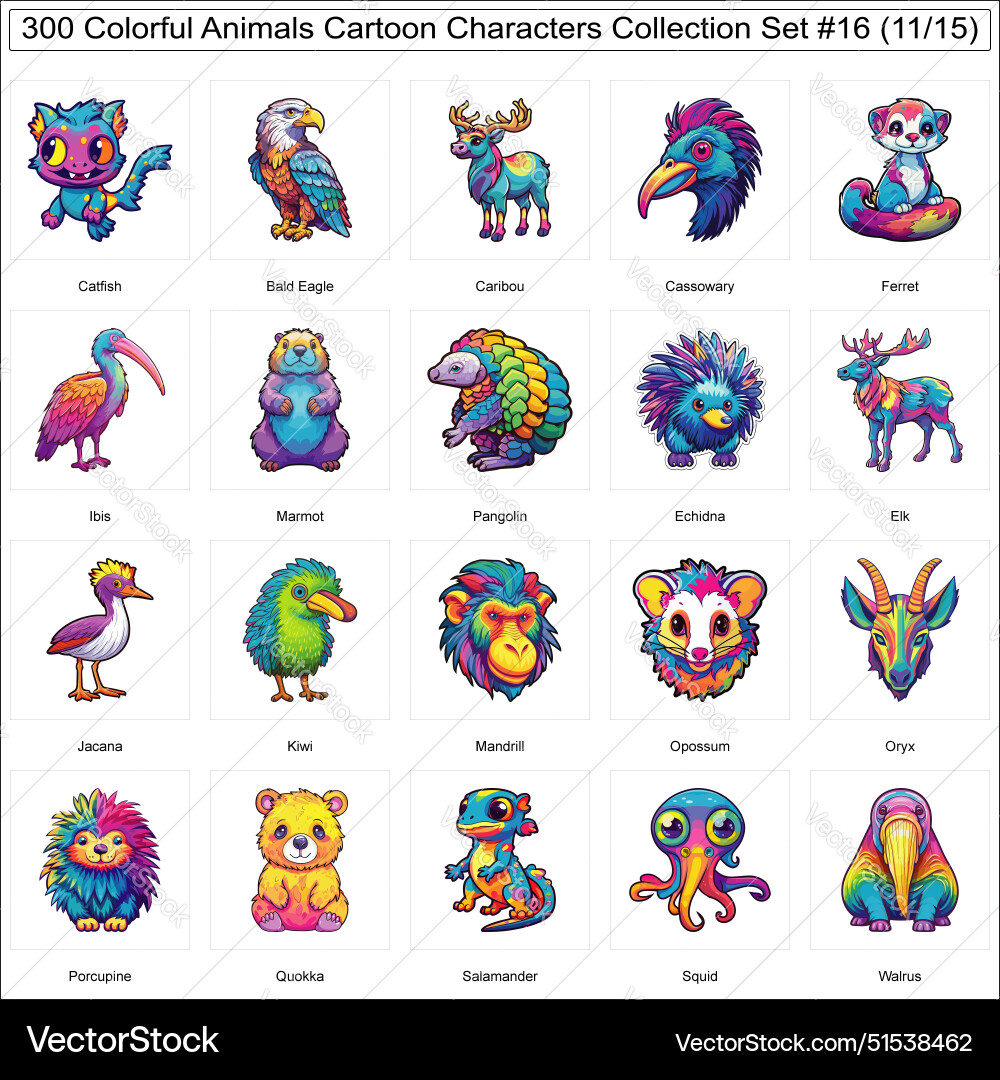 300 colorful animals cartoon characters Royalty Free Vector