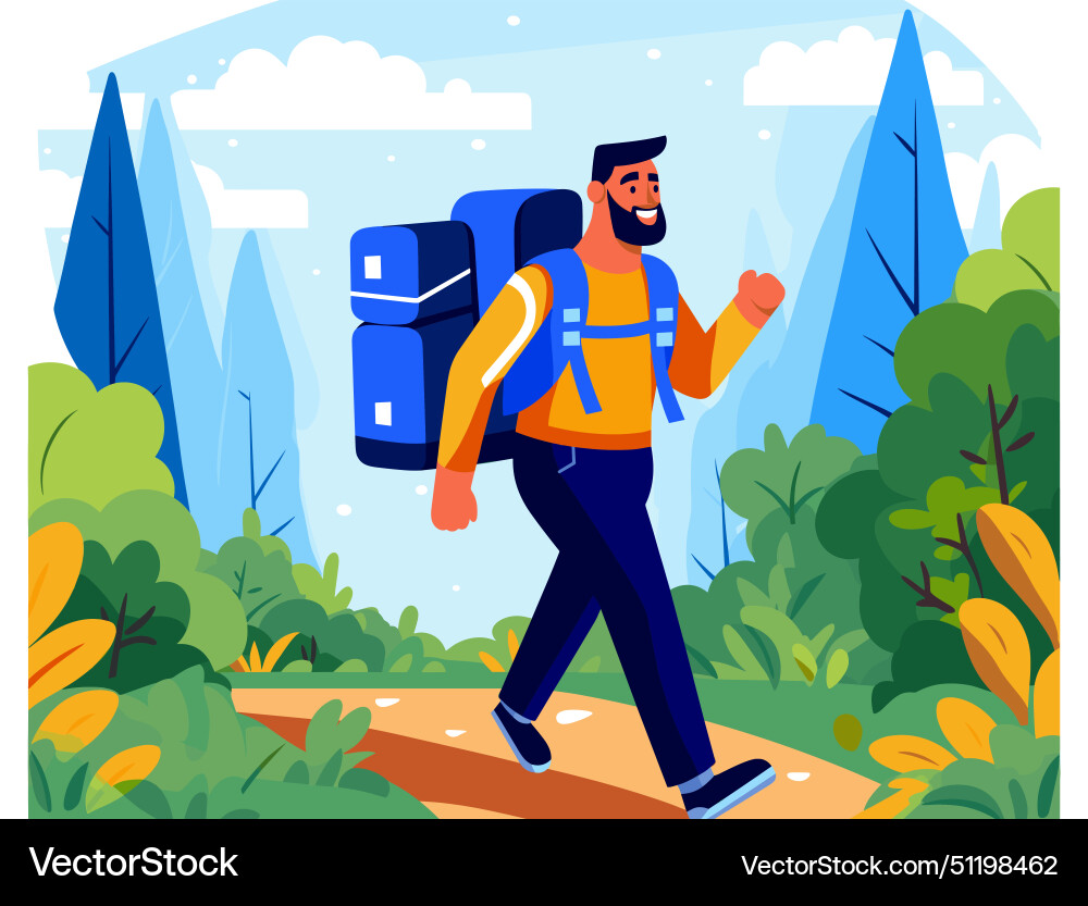 Bearded male hiker trekking through forest Vector Image