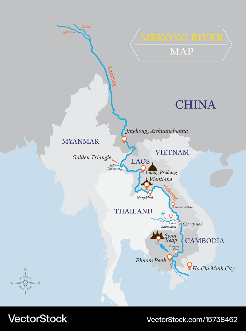 Mekong River Map - Southeast Asia Countries – Royalty-Free Vector ...