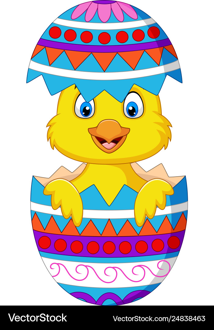 Cartoon chick comes out from an easter egg Vector Image