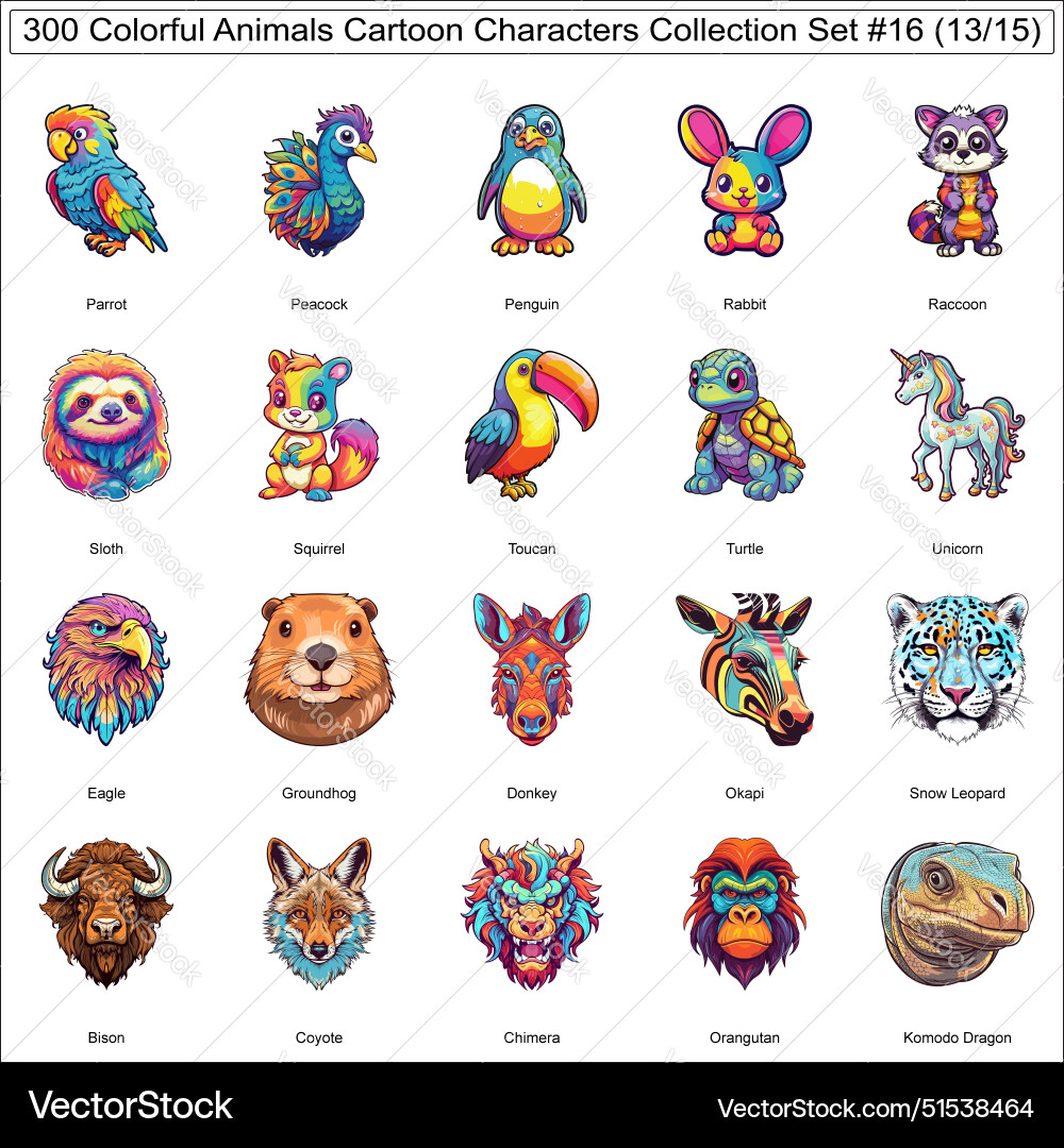 300 colorful animals cartoon characters Royalty Free Vector