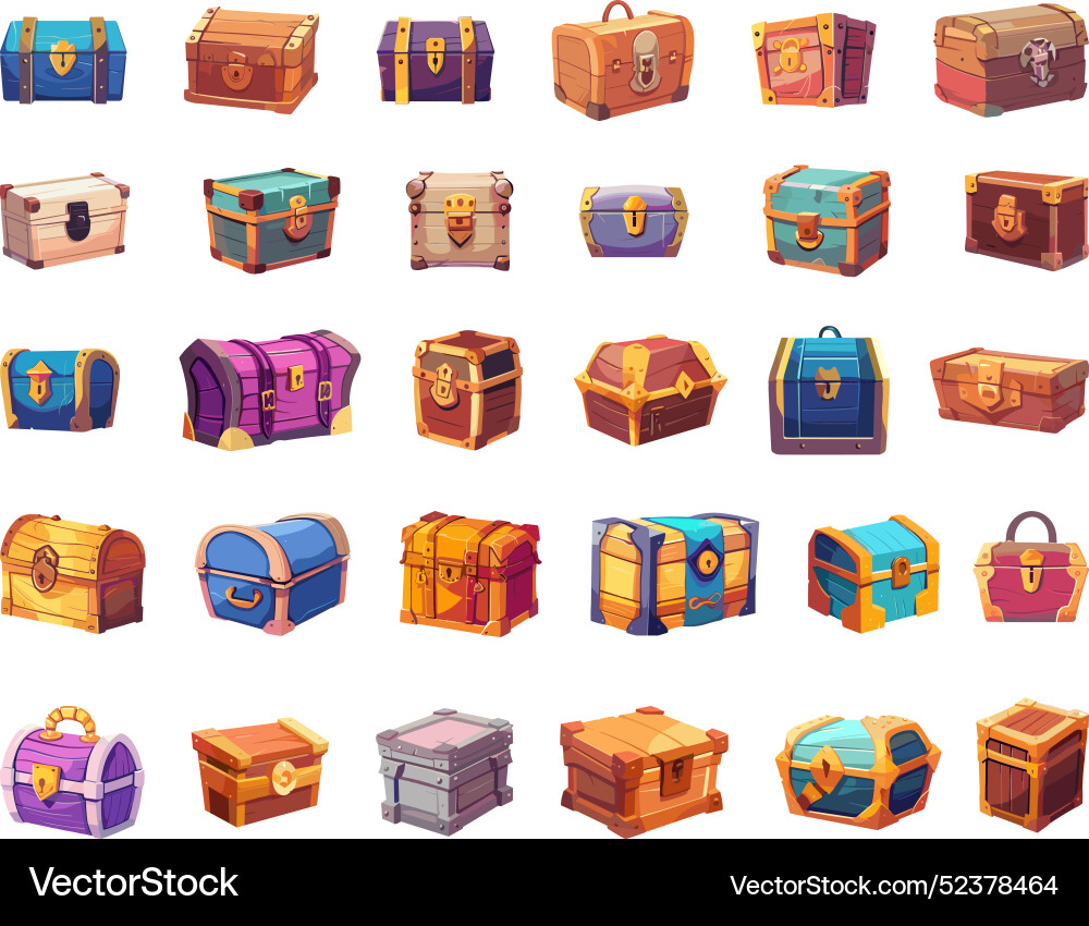 Treasure boxes icons set simple cartoon Royalty Free Vector