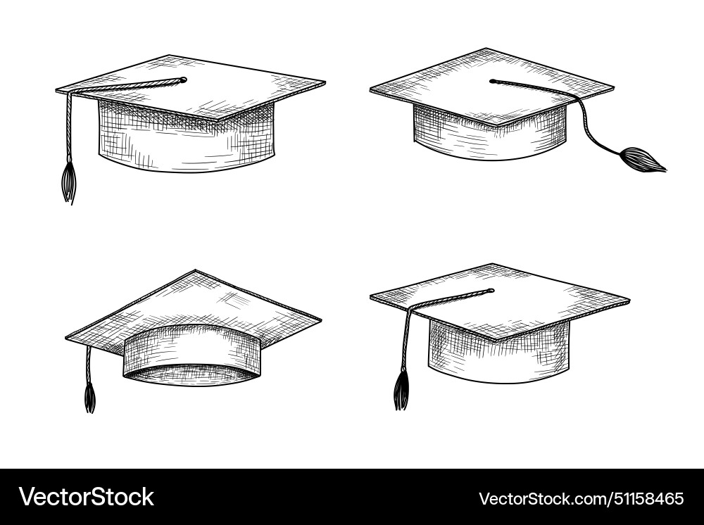 Graduate hat sketch set hand drawn university cap Vector Image