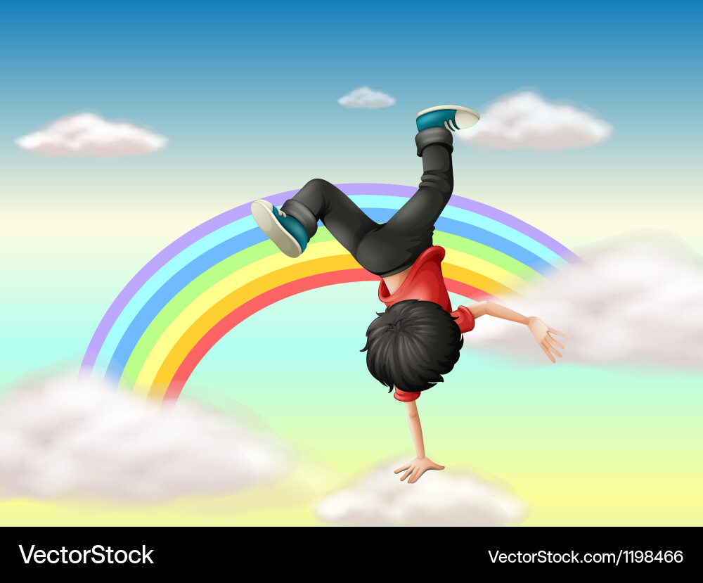 A boy performing break dance along the rainbow Vector Image