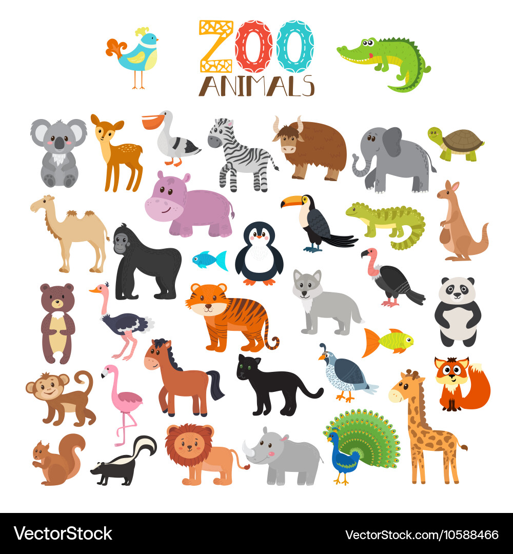 Cute Cartoon Zoo Animals Set Royalty Free Vector Image