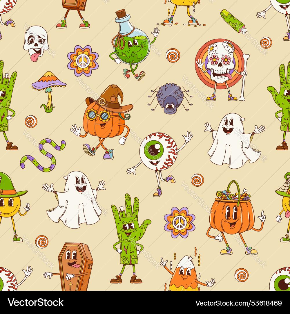 Groovy halloween characters seamless pattern Vector Image