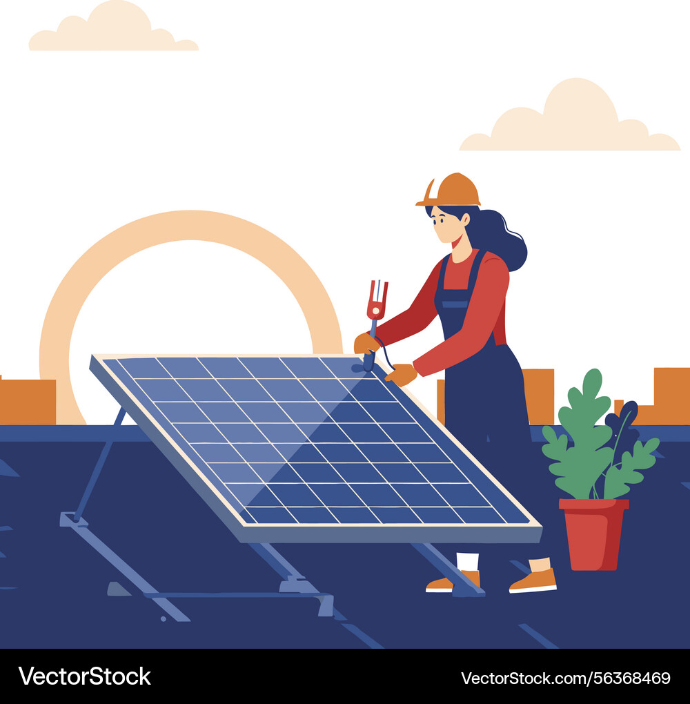 Woman installing solar panel on rooftop Royalty Free Vector