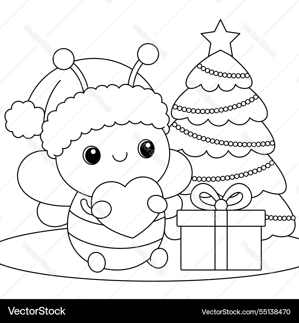 Cute cartoon bee and christmas tree coloring page Vector Image