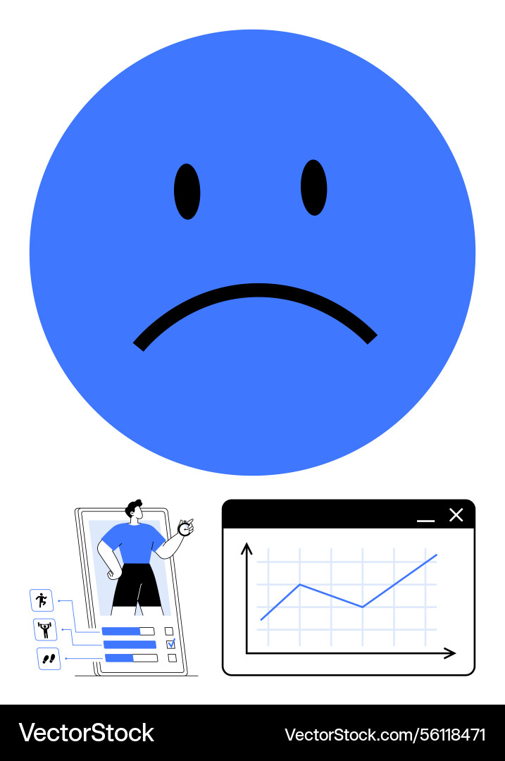 Blue sad face above graphic chart and person Vector Image
