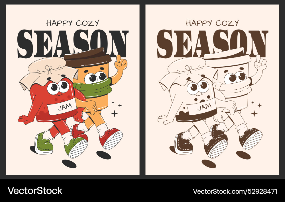 Retro cartoon posters with coffee cup and jam jar Vector Image