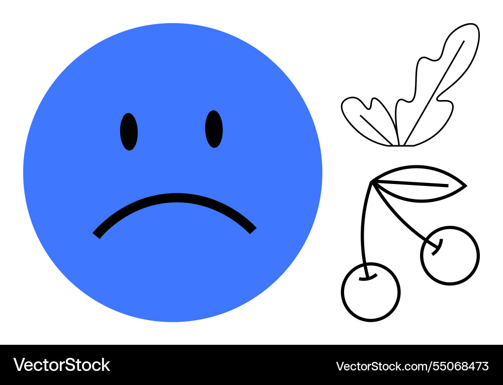 Blaues trauriges Gesicht mit Kirsche und Blattumriss