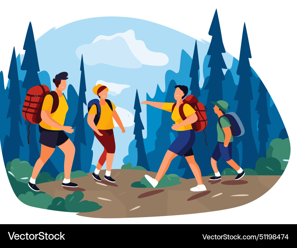 Four hikers trekking through forest colorful Vector Image