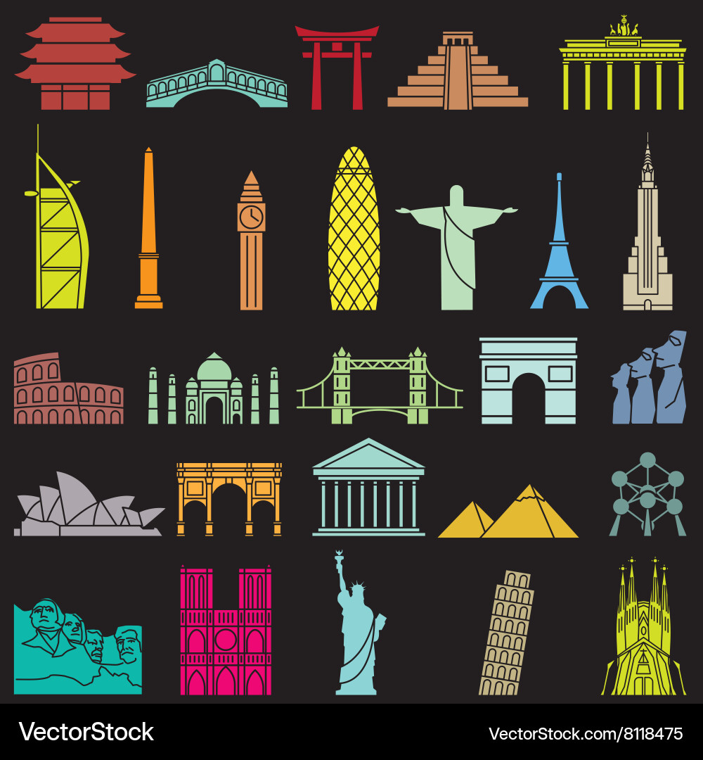 World famous monuments icon set Royalty Free Vector Image