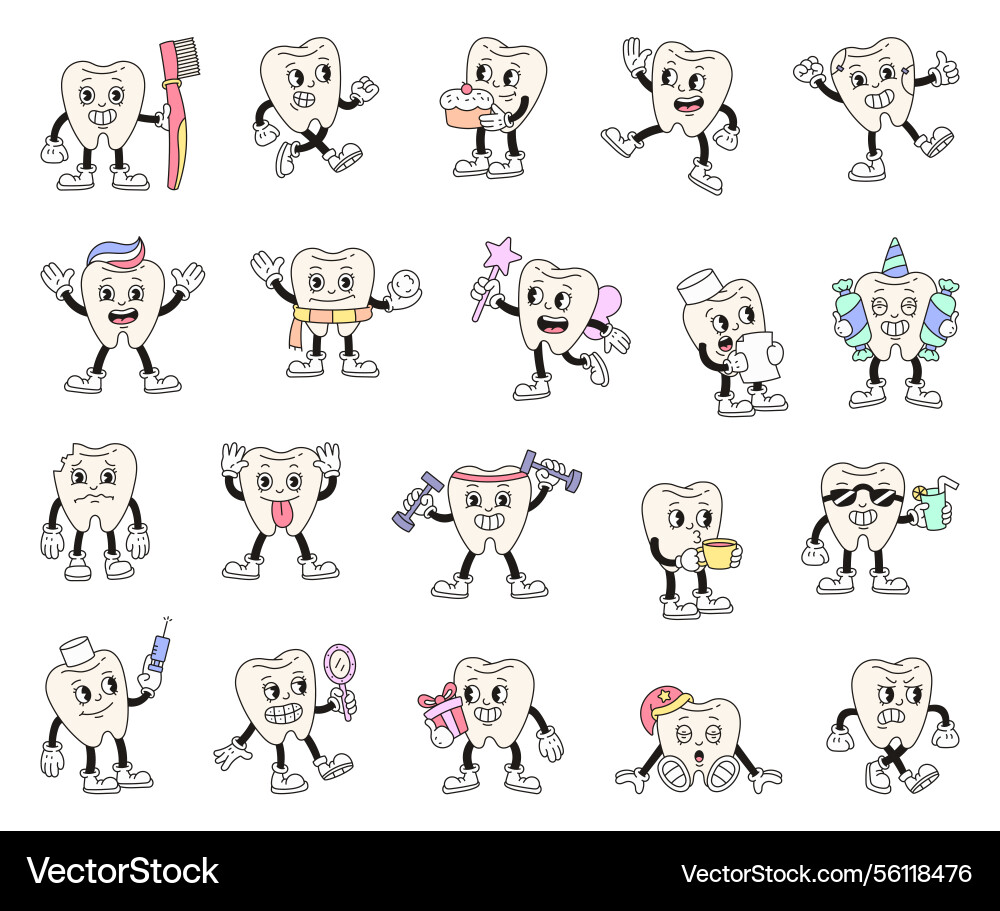 Funny cartoon tooth character set showing various Vector Image