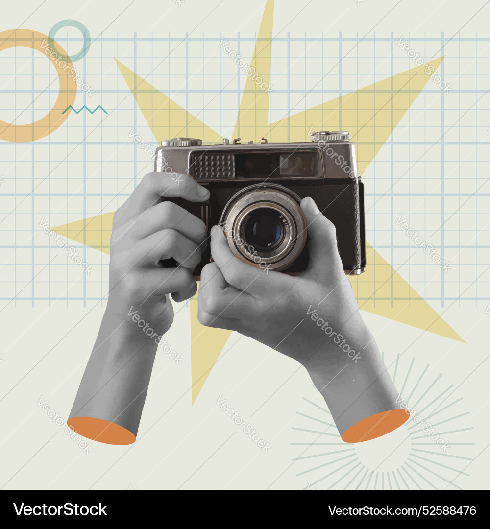 Hands shooting a retro camera in a collage Vector Image
