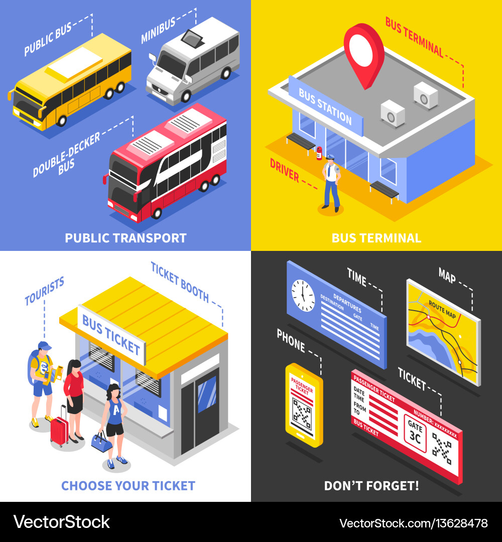 Bus terminal isometric design concept Royalty Free Vector