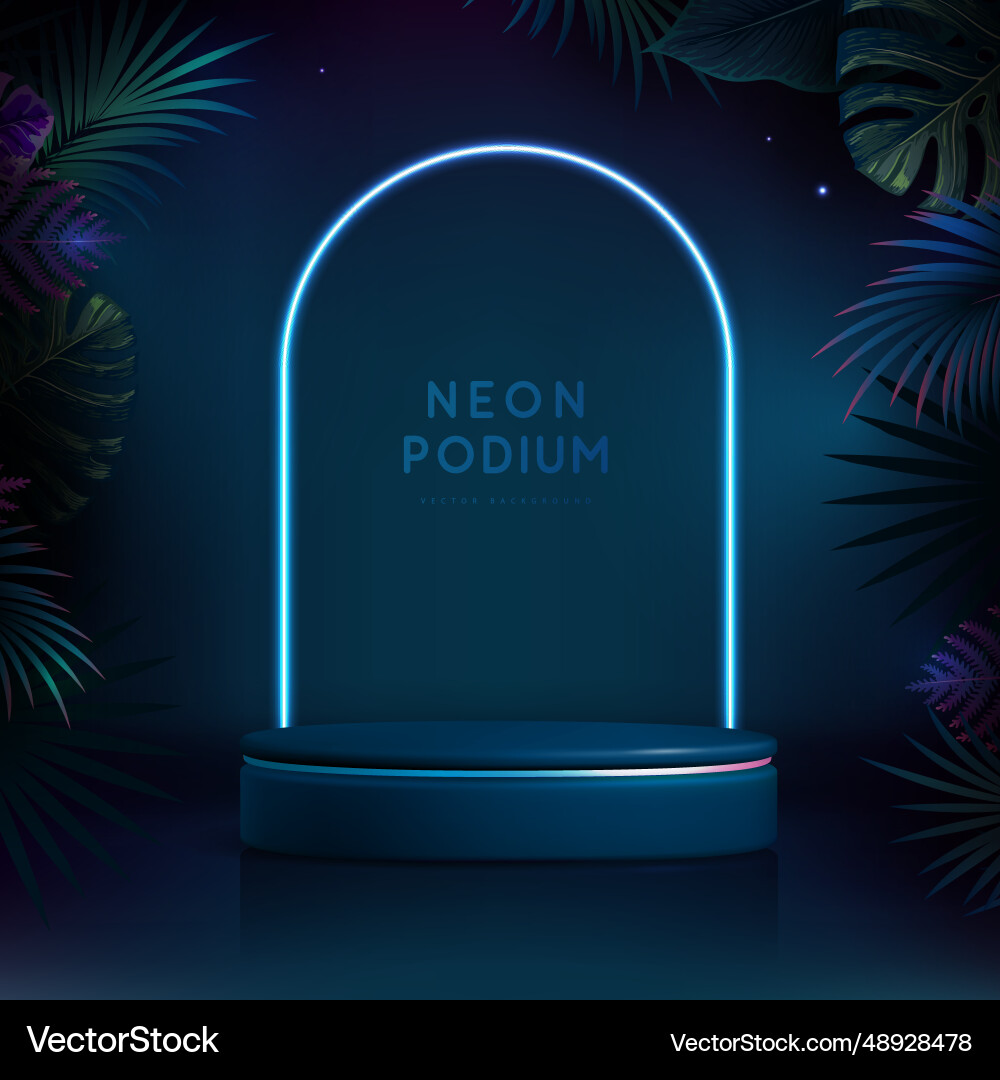 Fluorescent tropic neon showcase with 3d podium Vector Image