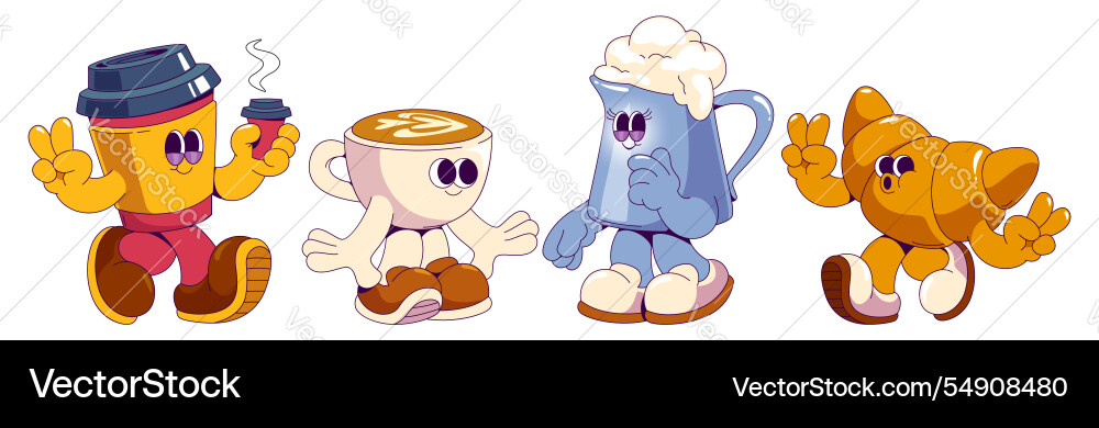 Groovy coffee character mascots set Royalty Free Vector