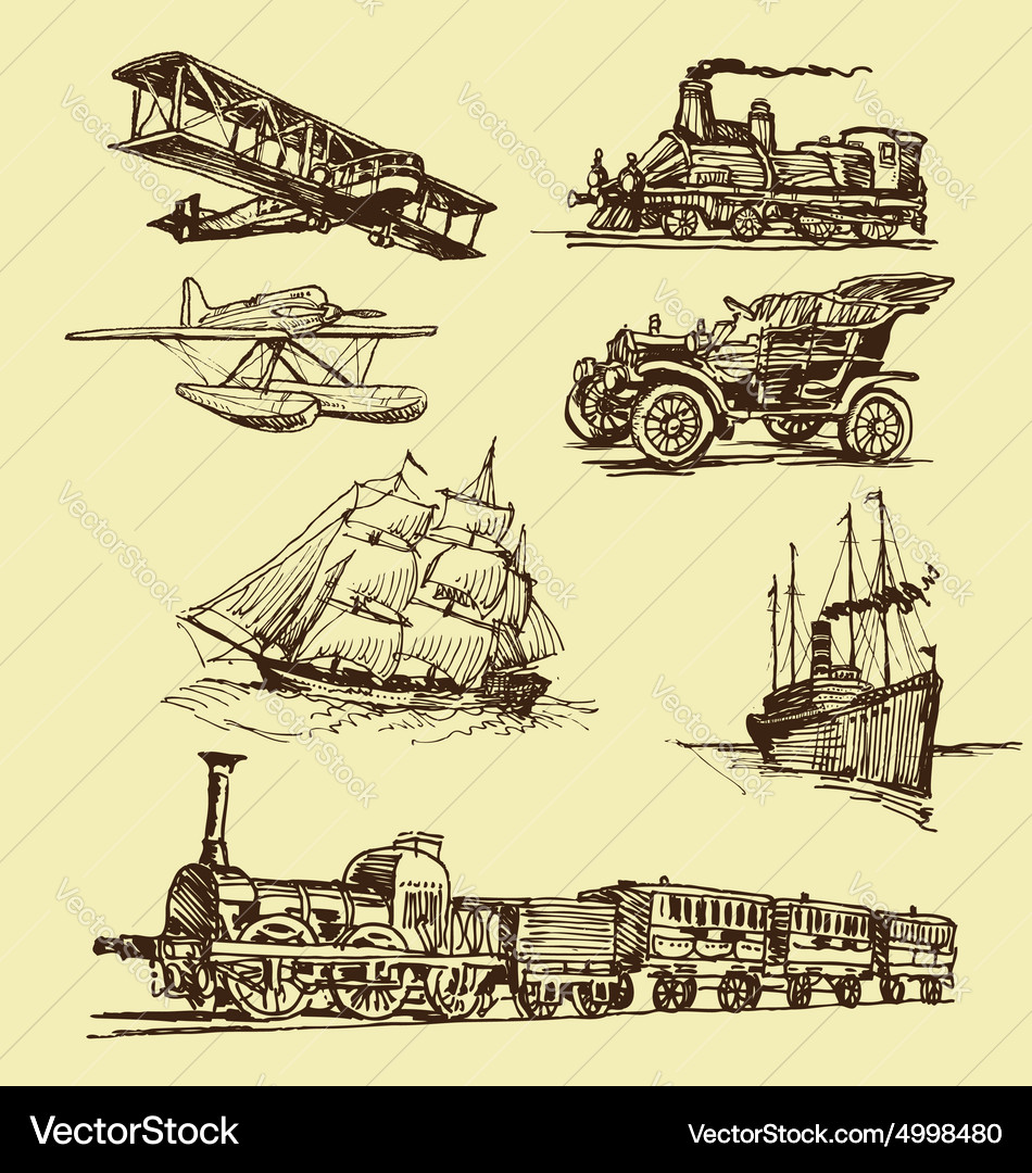 Vintage transportation drawings Royalty Free Vector Image