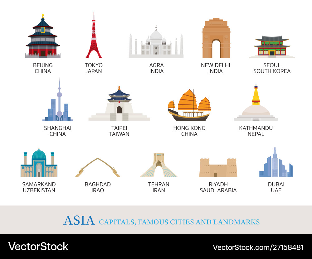 Asia cities landmarks in flat style Royalty Free Vector