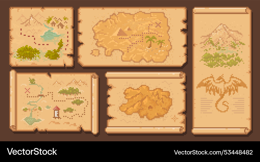 Arcade 8 bit pixel game pirate treasure maps set Vector Image