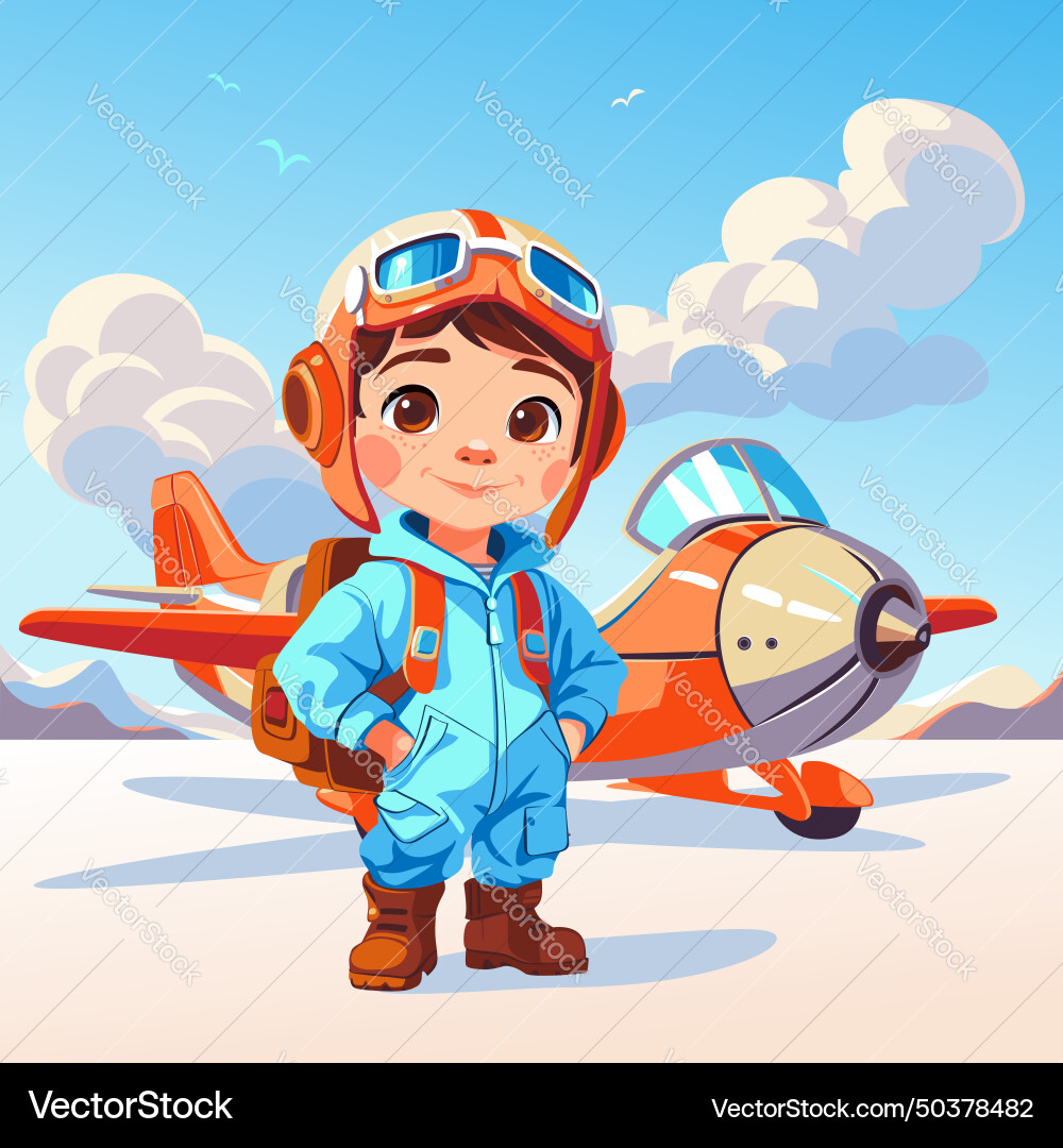 Cartoon kid pilot and toy airplane Royalty Free Vector Image