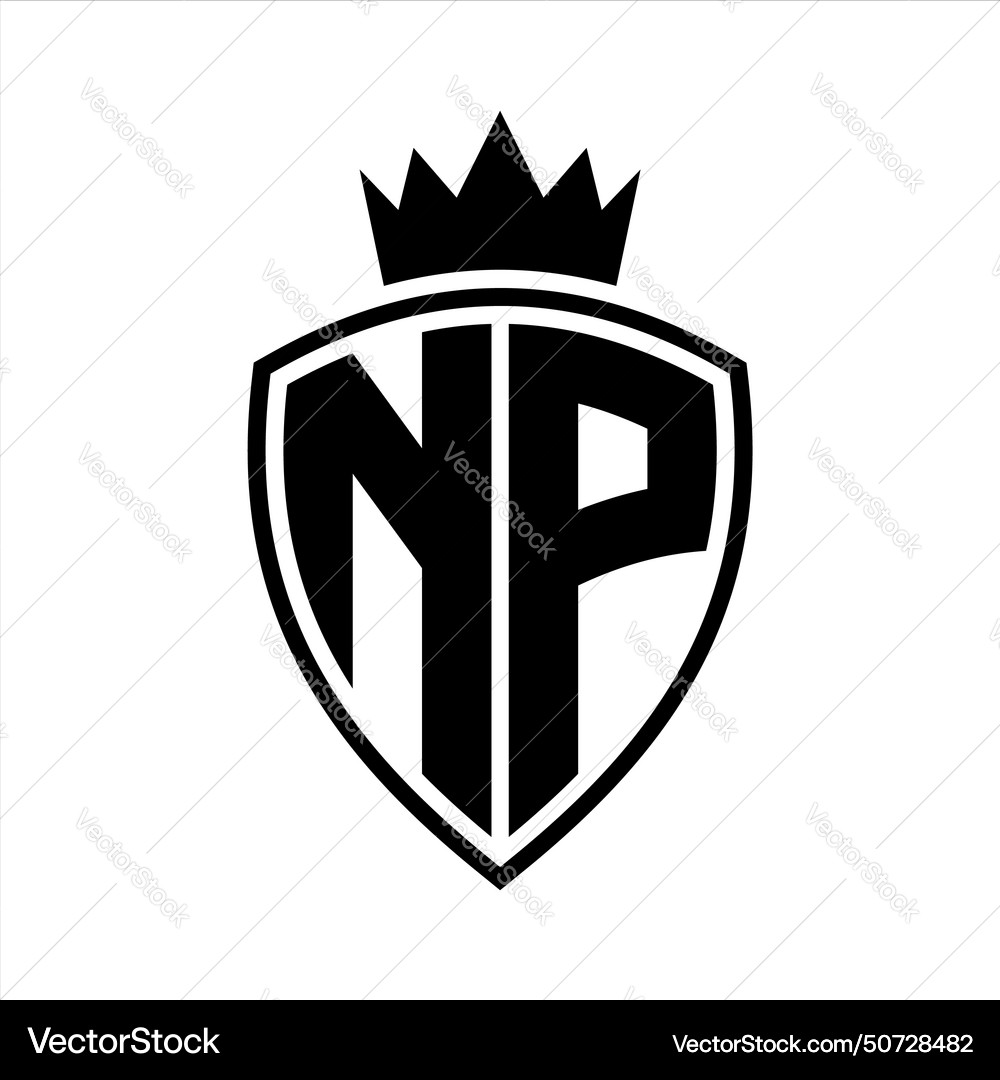 Np letter monogram shield and crown outline shape Vector Image